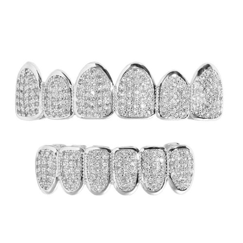 Solid 925 Silver Simulated Diamonds Custom Grillz Teeth Top Bottom Set ...