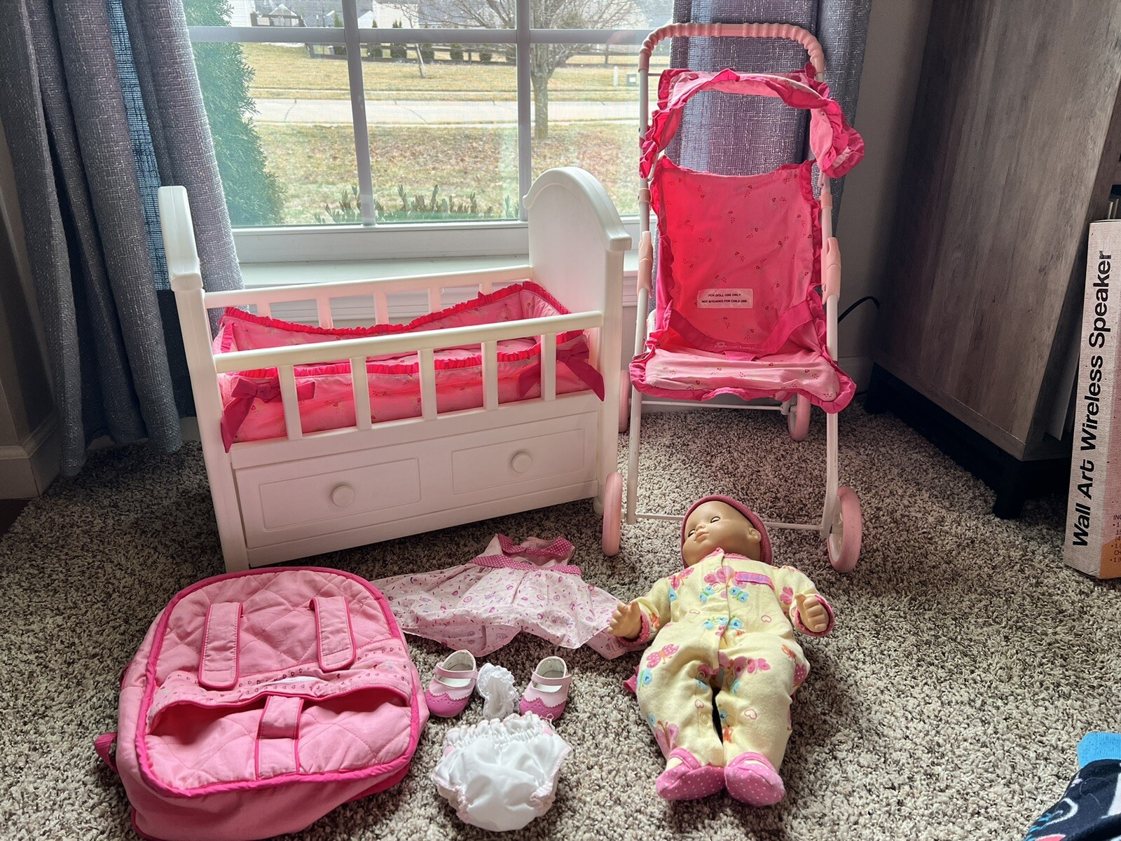 American Girl Bitty Baby/Twin Lot Pink Stroller Crib Bed Backpack Doll ...