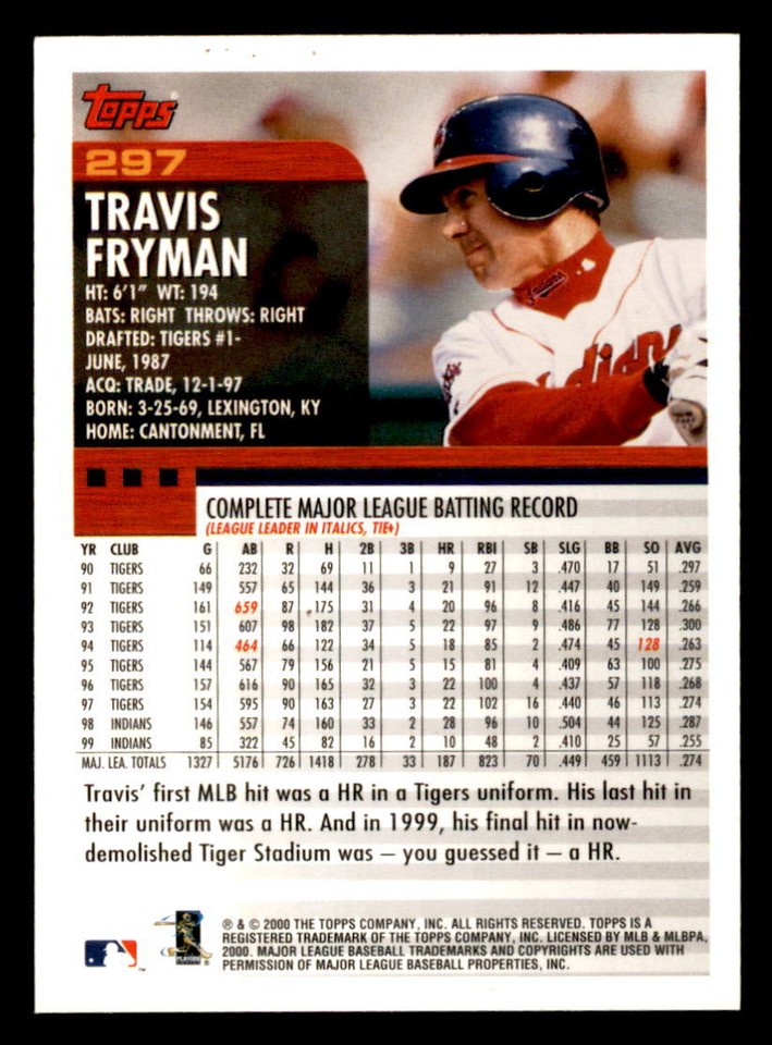 2000 Topps #297 Travis Fryman Cleveland Indians | eBay