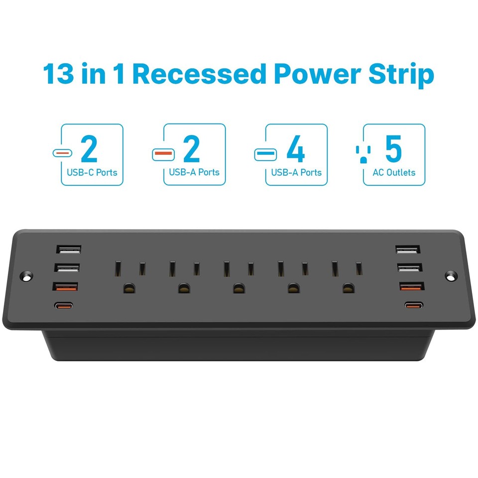 Recessed Power Strip Surge Protector with 5 Outlets USB 3.0 USB-A and ...