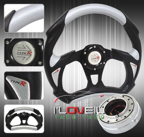 320mm Black/Silver Steering Wheel + Chrome 1.5" Quick Release & Jdm ...