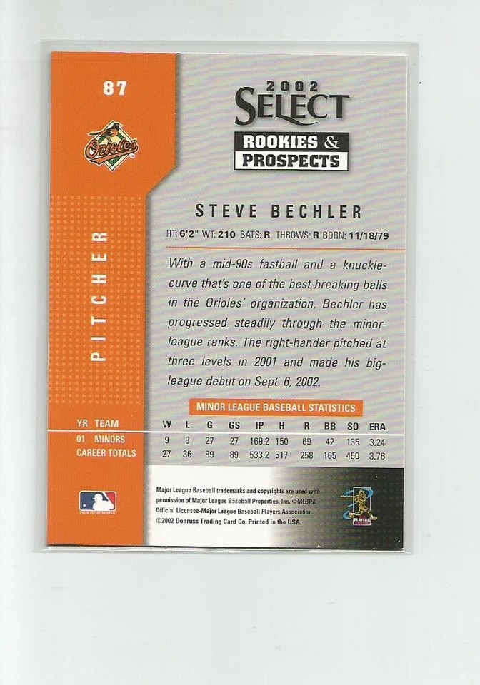 2002 Select Rookies and Prospects #87 Steve Bechler AUTO | eBay