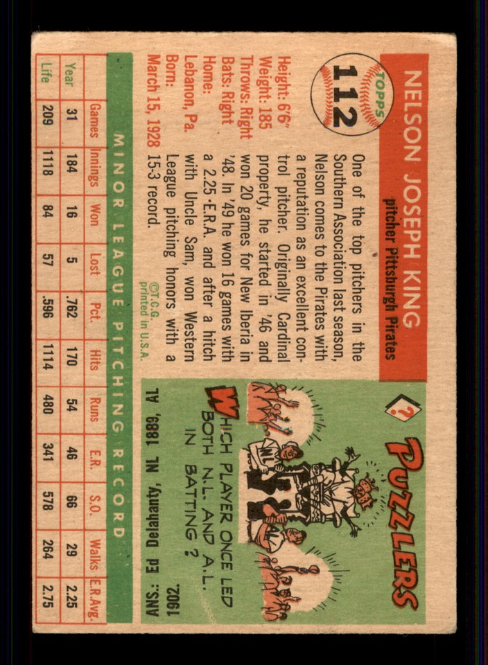1955 Topps - #112 Nelson King - Crease Free | eBay