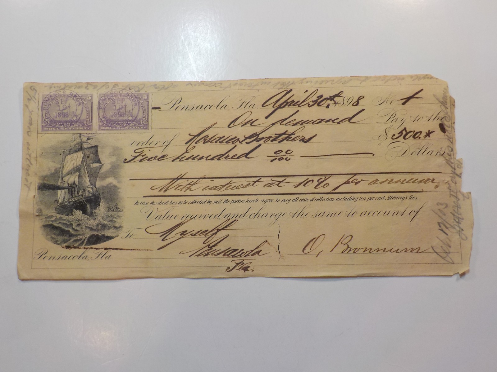 Antique Ship Check 1898 Revenue Stamps Pensacola Florida Paper Money ...