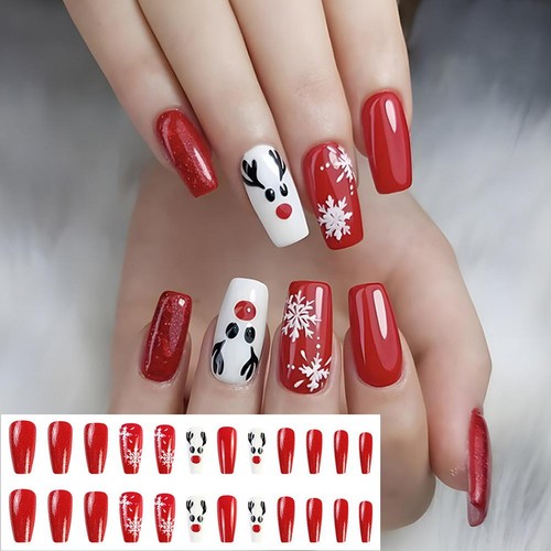 Christmas Press-On Glossy Nails Set, with Snowman & H OT Snowflake E7D4 ...
