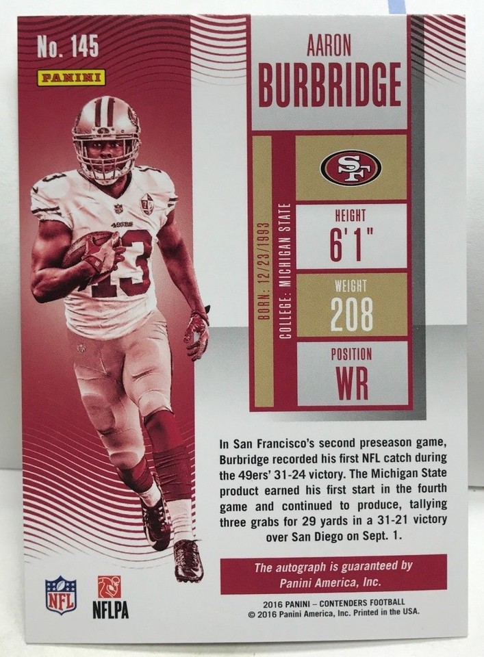 Aaron Burbridge 2016 Panini Contenders Rookie Ticket RC Autograph Auto ...