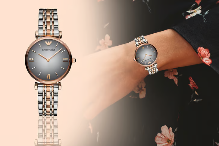 Emporio Armani Ladies Watch AR1725 Grey Dial Rose Gold Two Tone ...