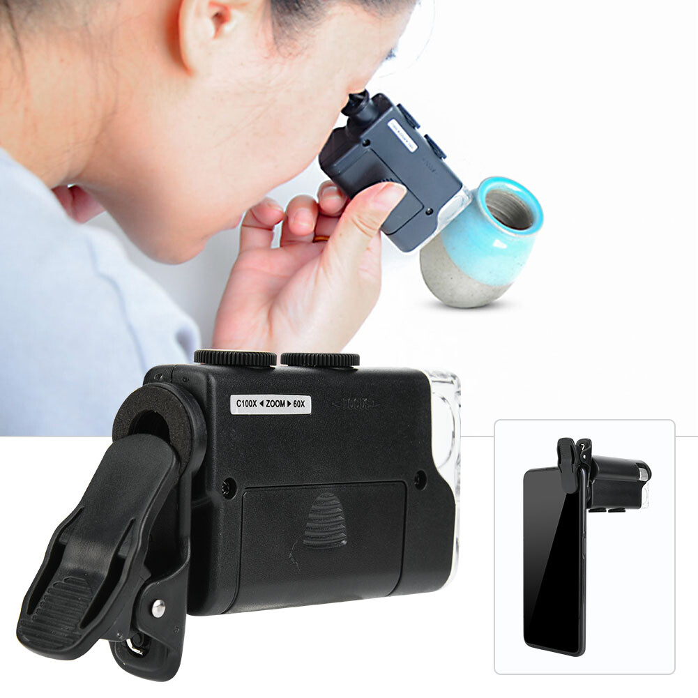 Universal Phone Microscope Magnifier 60~100X Zoom In With LED And Light ...