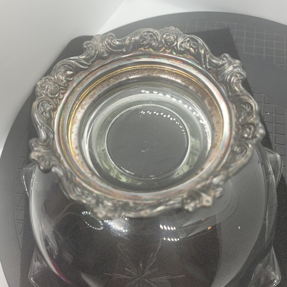 Vintage Wallace Glass Bowl Etched Starburst Design Ornate Base 8.5" x 5 ...