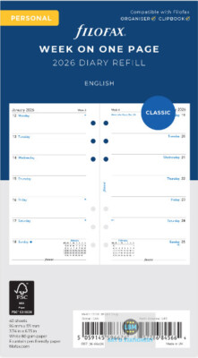 Filofax 2026 Personal Diary - Week On One Page - Classic Refill 68426 ...