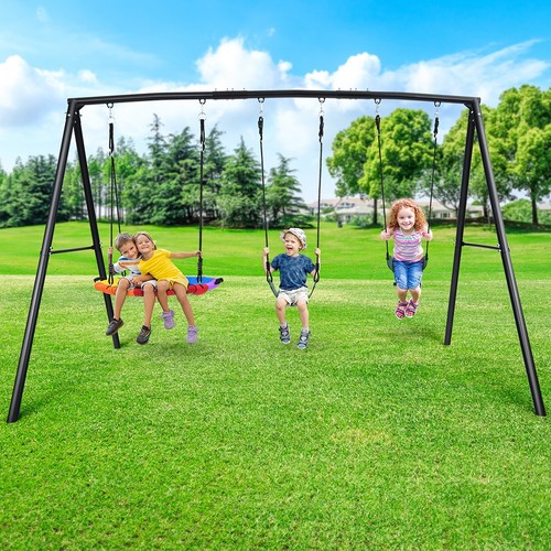 Hapfan 500LB Metal Swing Set for Kids Adult Backyard with 3 Swings ...