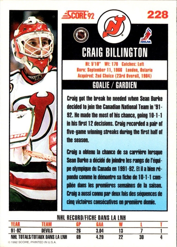 1992 Score Canadian Craig Billington #228 New Jersey Devils Hockey Card ...
