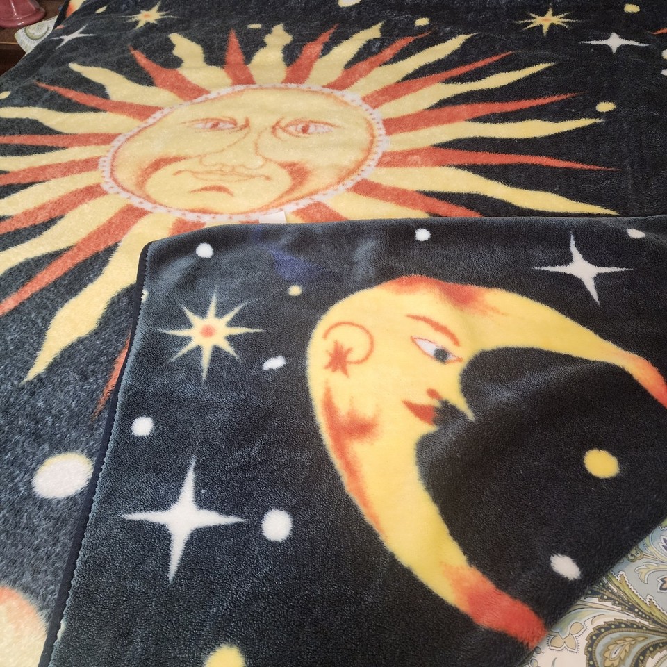 Celestial Blanket Sun Face Crescent Moon Fleece Plush Stars Planetary ...