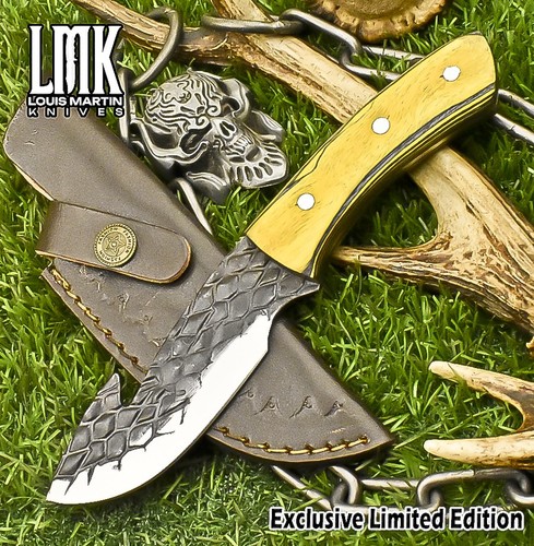 LMK Hand Forged Handmade Skinner Knife w/Gut Hook 440C Steel Hard Wood ...