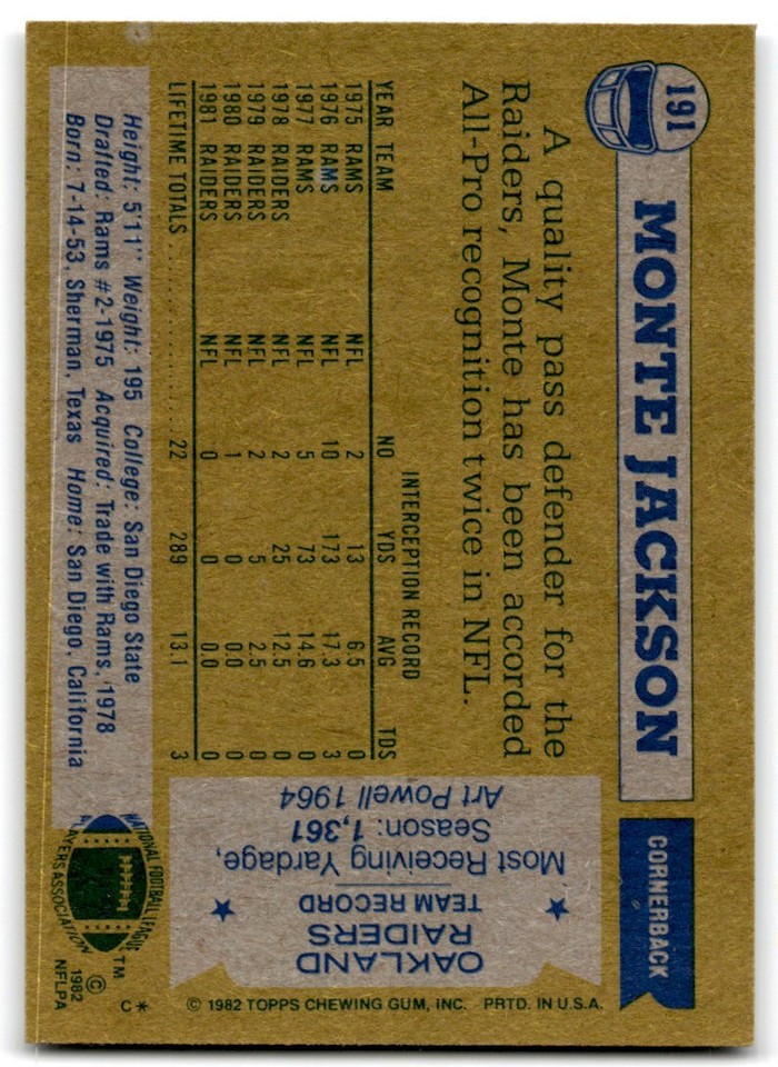 1982 Topps Monte Jackson . Oakland Raiders #191 | eBay