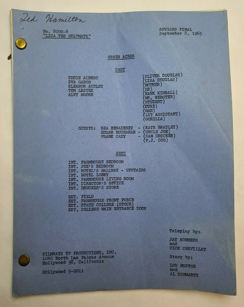GREEN ACRES / 1965 TV Script, Parley Baer & Jack Bannon "Lisa the ...