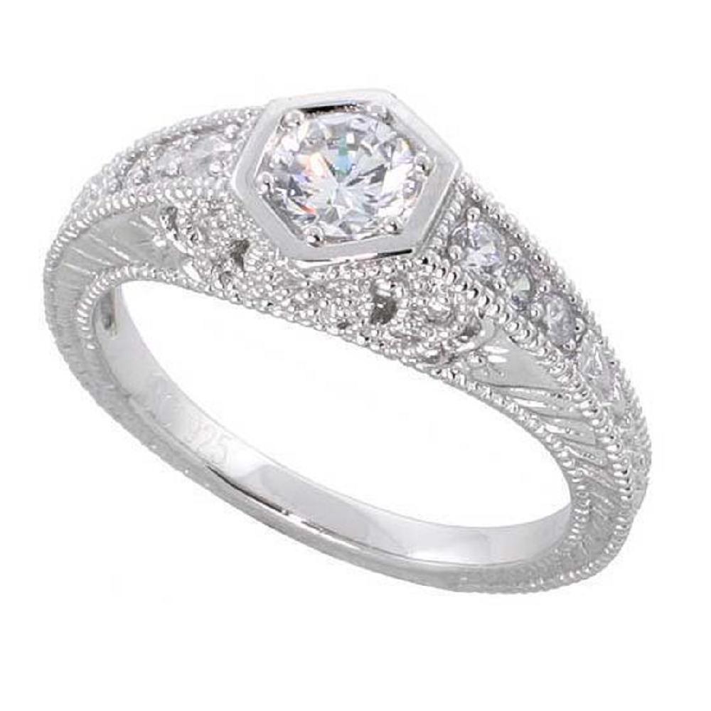 Sterling Silver Vintage Style Engagement CZ Ring w/ 4mm (0.25ct) Center ...