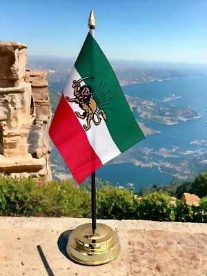 PERSIA IRAN TABLE FLAG 6"X4" 15cm x 10cm WITH FLAT GOLDEN BASE 25cm ...