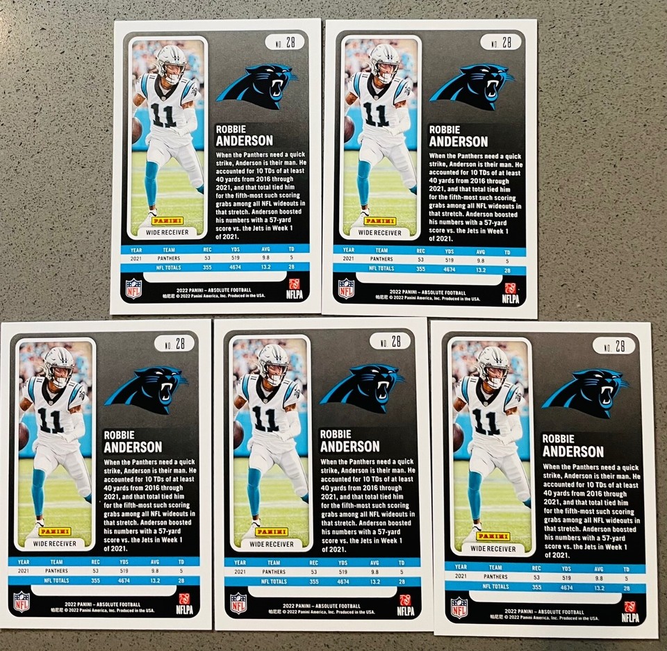 5x Lot 2022 Panini Absolute Football NFL #28 Robbie Anderson Base Card ...