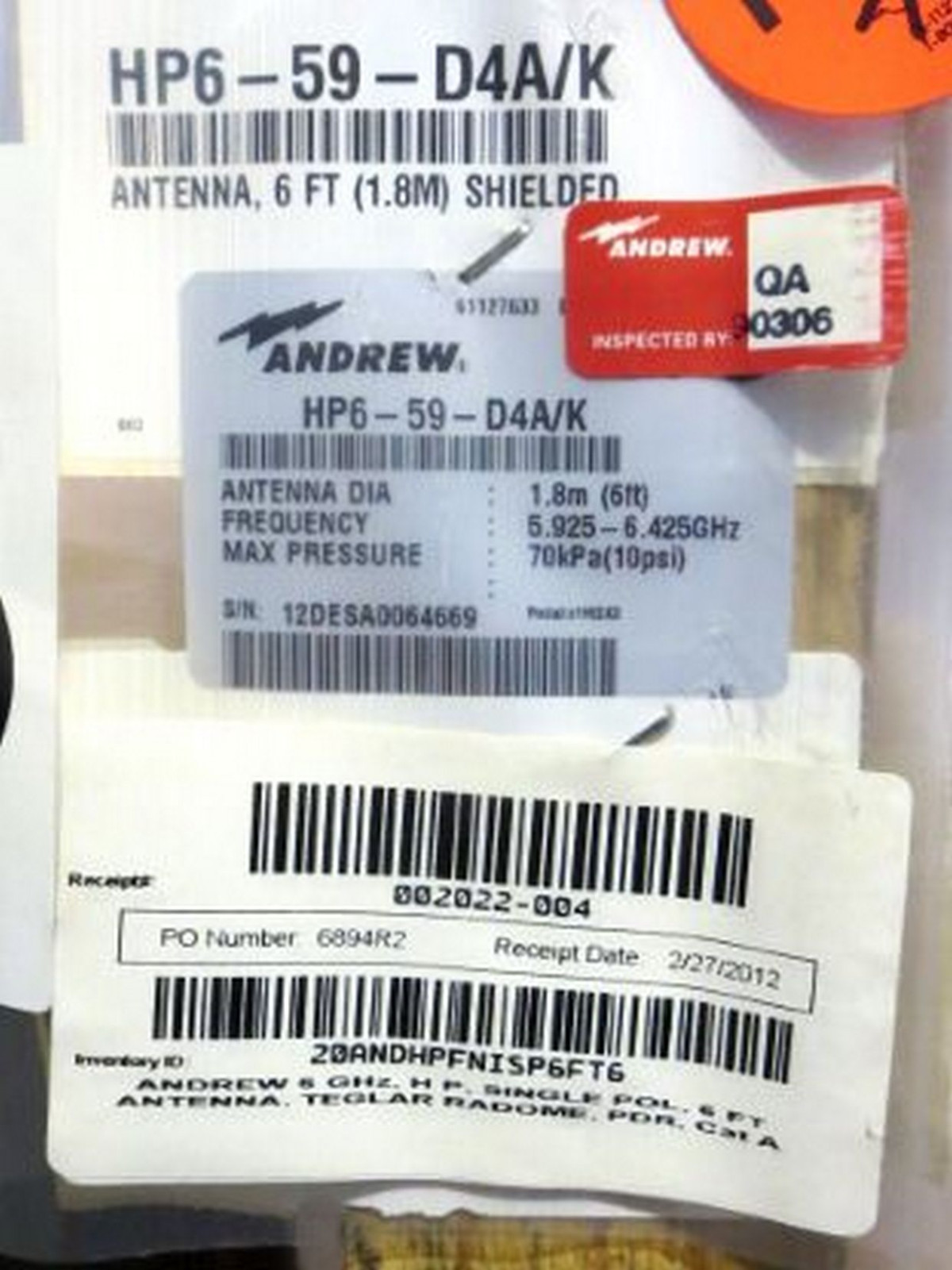 ANDREW HP6-59-D4A/K 1.8 m | 6 ft HIGH PERFORMANCE PARABOLIC SHIELDED ...
