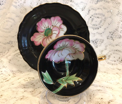 Vtg Hand Painted NASCO Del Coronado Black & Pink Cherry Blossom Teacup ...