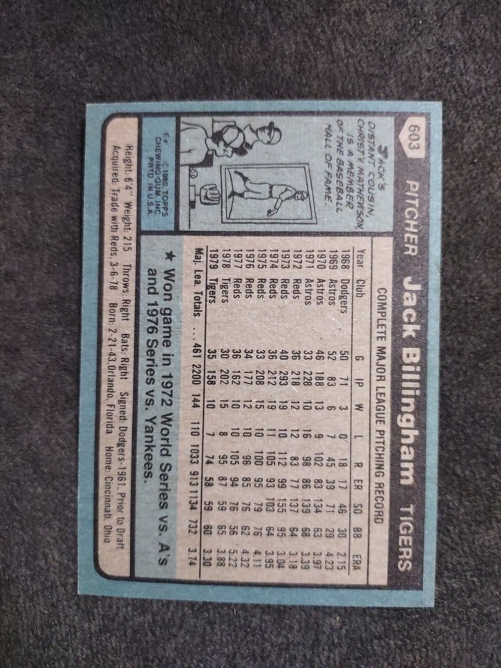 1980 Topps Jack Billingham #603 Baseball Card Detroit Tigers | eBay