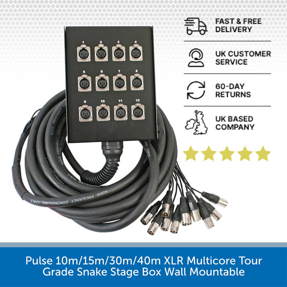 Pulse 10m/15m/30m/40m XLR Multicore Tour Grade Snake Stage Box Wall ...