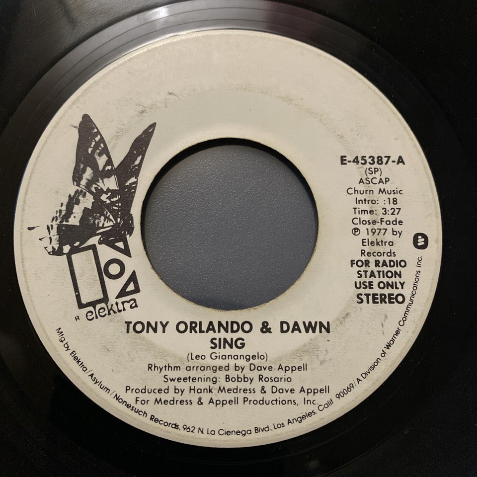 45 Rpm TONY ORLANDO & DAWN - SING Elektra Records Promo Vinyl 7” Inch ...