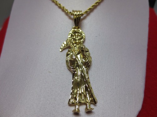 14 KT GOLD PLATED (3") SANTA MUERTE CHARM & 30INCH 3 MM ROPE CHAIN SET ...