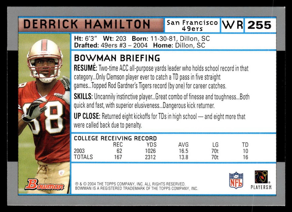 2004 Bowman First Edition Derrick Hamilton #255 San Francisco 49ers | eBay