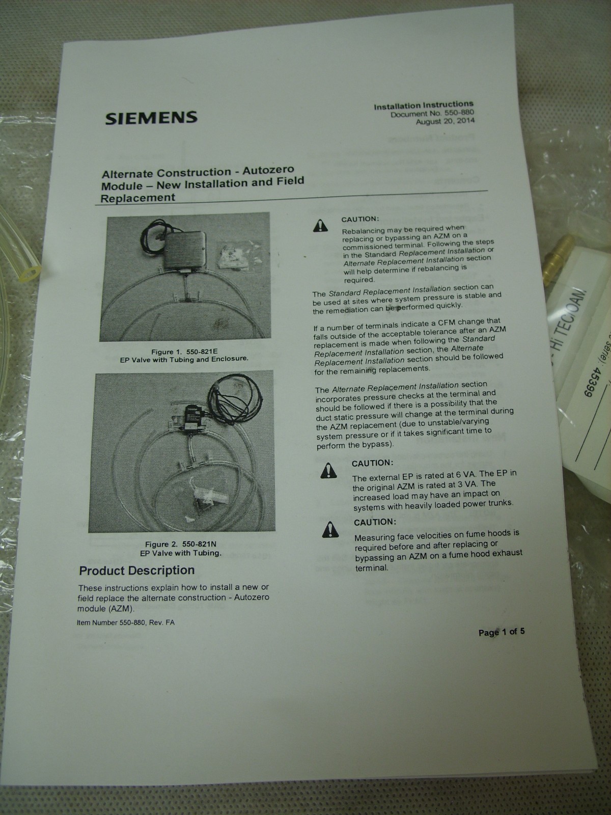 SIEMENS - EP265 Lab AZM AutoZero Module Bypass Kit EP Valve w/ Tubing ...