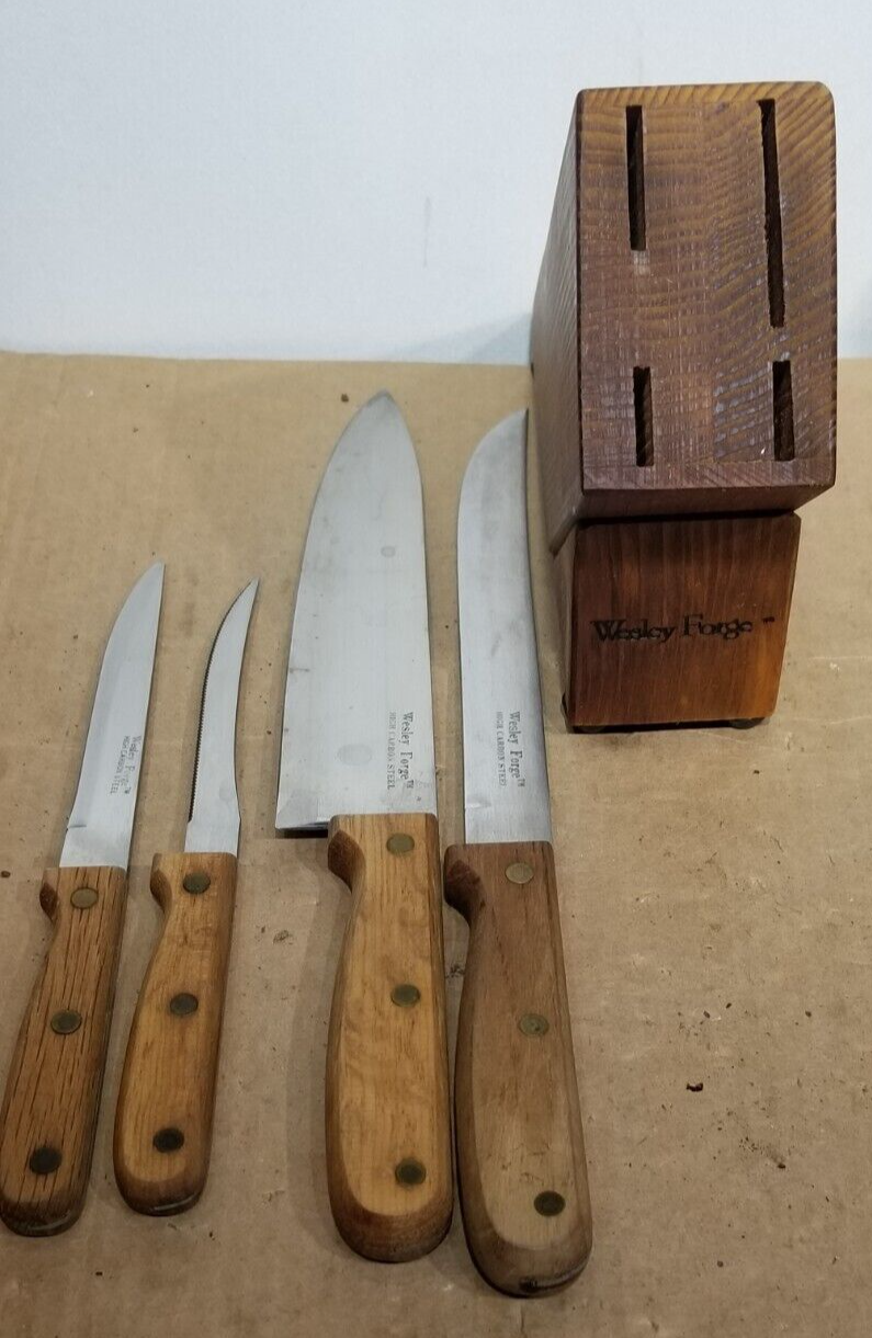 Set of Vintage Wesley Forge High Carbon Steel Butcher Knives and Block ...