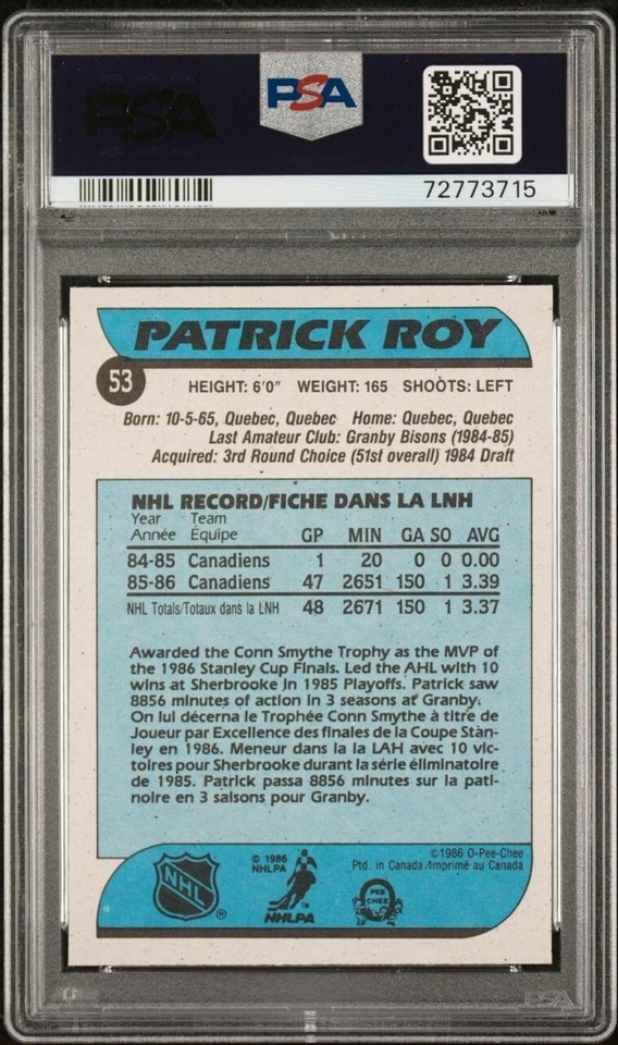 1986-87 O-Pee-Chee Patrick Roy Rookie Card RC #53 PSA - 7 Canadiens | eBay