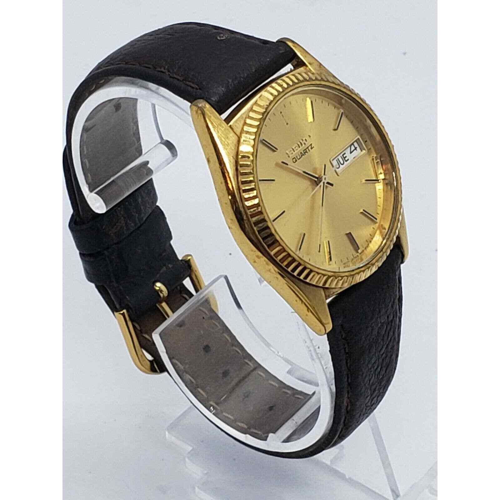 Seiko Men’s Gold Tone Date Watch 7N43 - 8111 Leather Band | eBay
