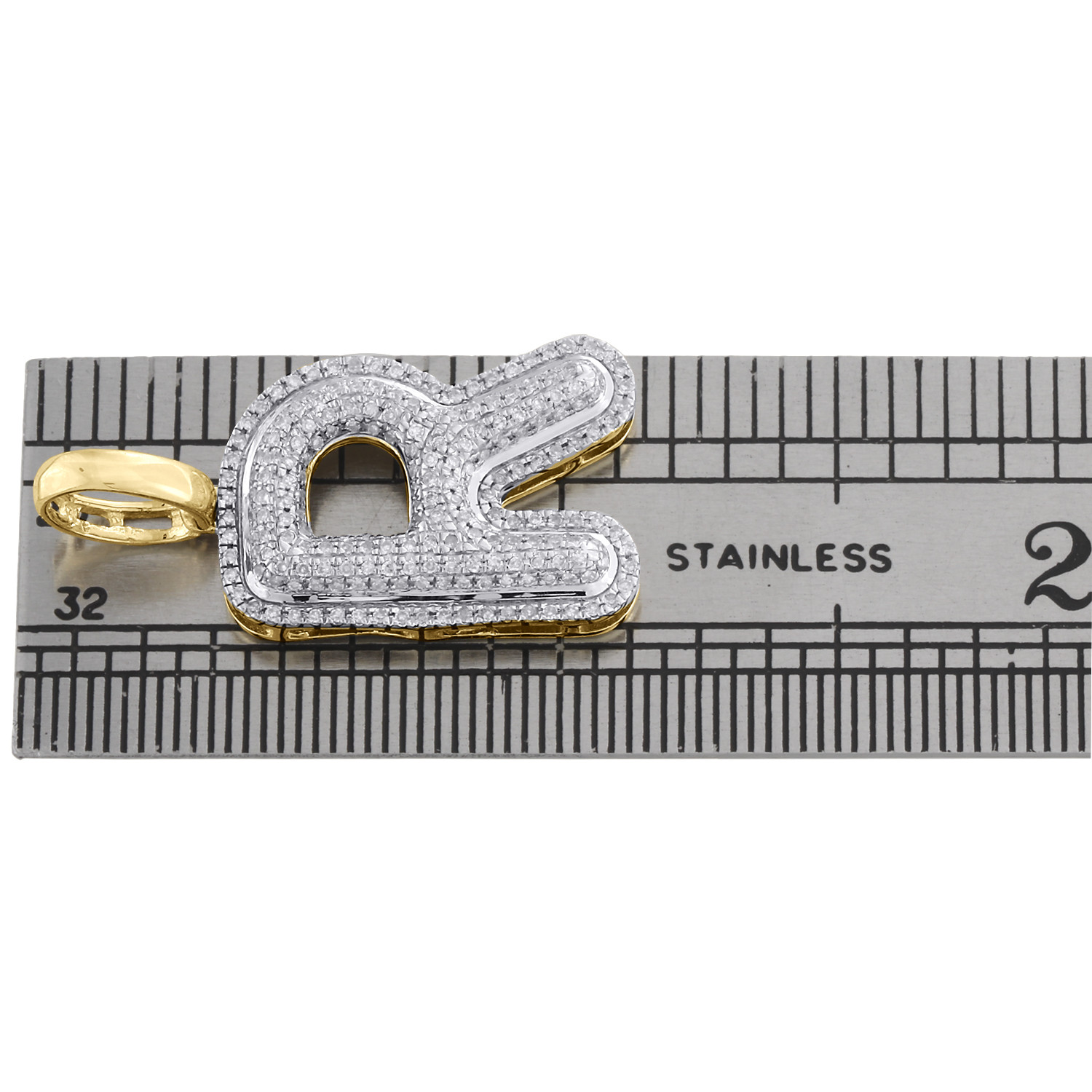 10K Yellow Gold Roumd Diamond R Initial Bubble Pendant Pave Dome Charm ...