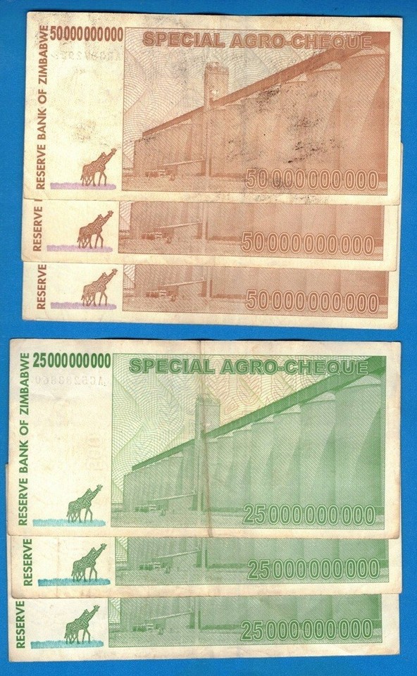 3 x 25 + 3 x 50 Billion Dollars Zimbabwe Special Agro Cheque 2008 ...