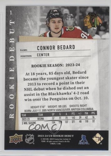 2023-24 Upper Deck UD Rookie Debut Blue /249 Connor Bedard #1 RC | eBay