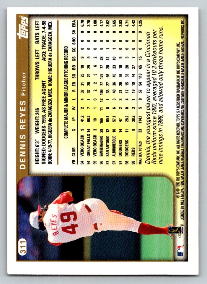 1999 TOPPS DENNIS REYES CINCINNATI REDS #311 | eBay