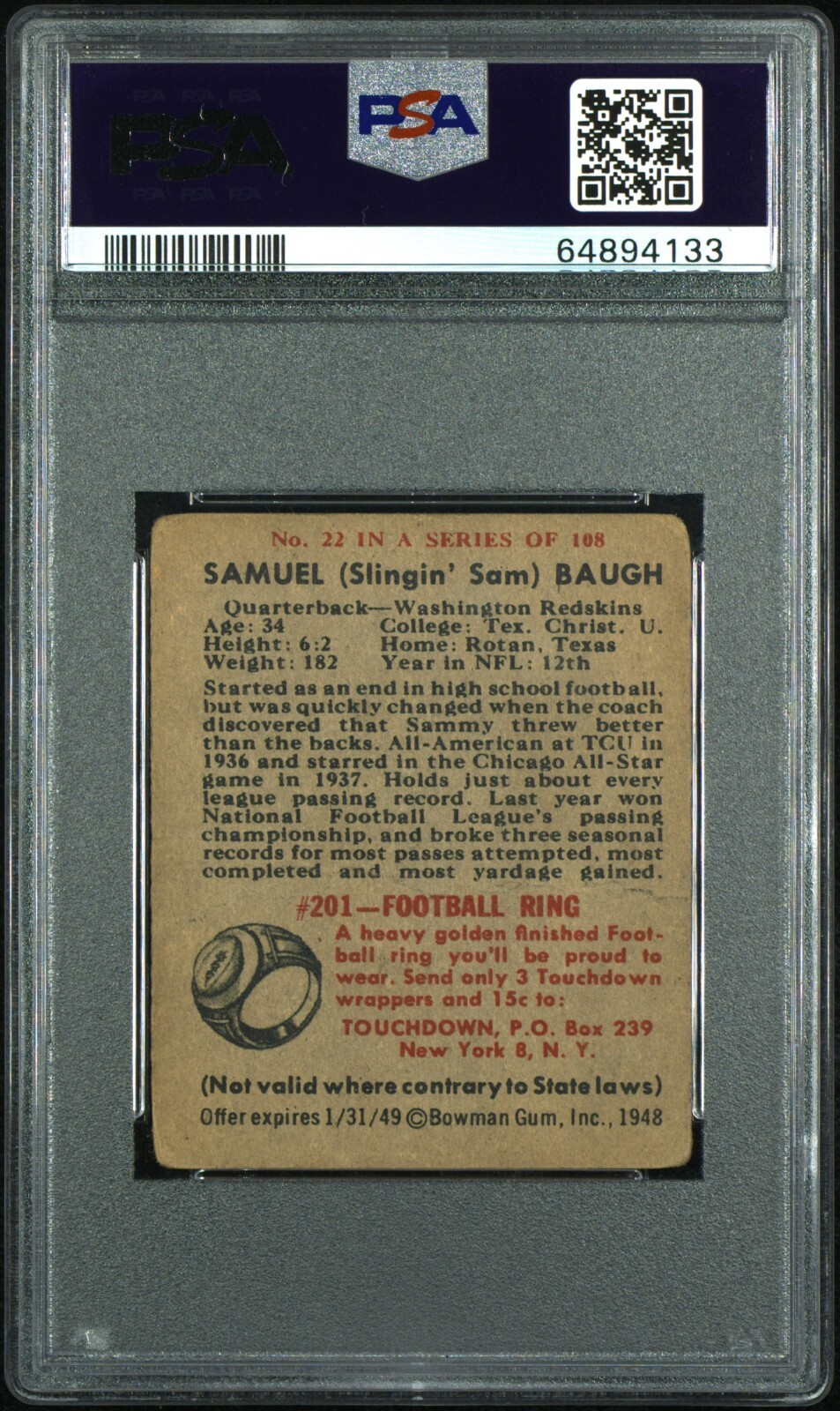 1948 Bowman - #22 Sammy Baugh (RC) for sale online | eBay