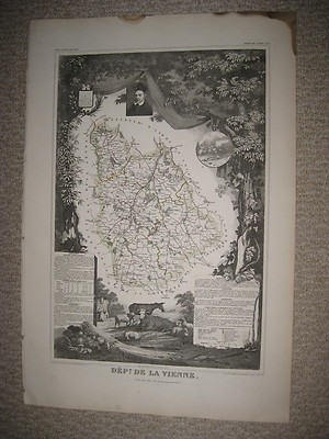 SUPERB ANTIQUE 1856 VIENNE FRANCE POTIER LEVASSEUR HNDCLR MAP WINE FOOD ...