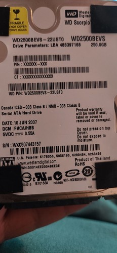 Western Digital WD2500BEVS-60UST0 250GB Hard Drive W/ Readings See ...