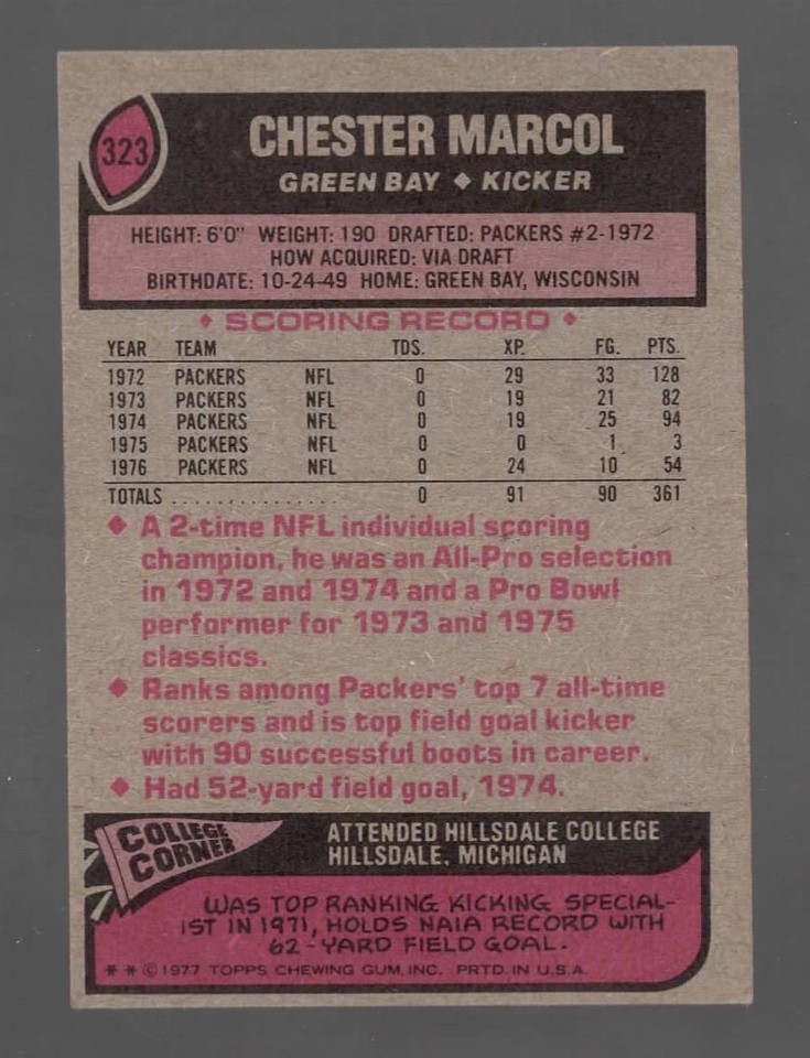 1977 Topps Chester Marcol Green Bay Packers #323 Excellent | eBay