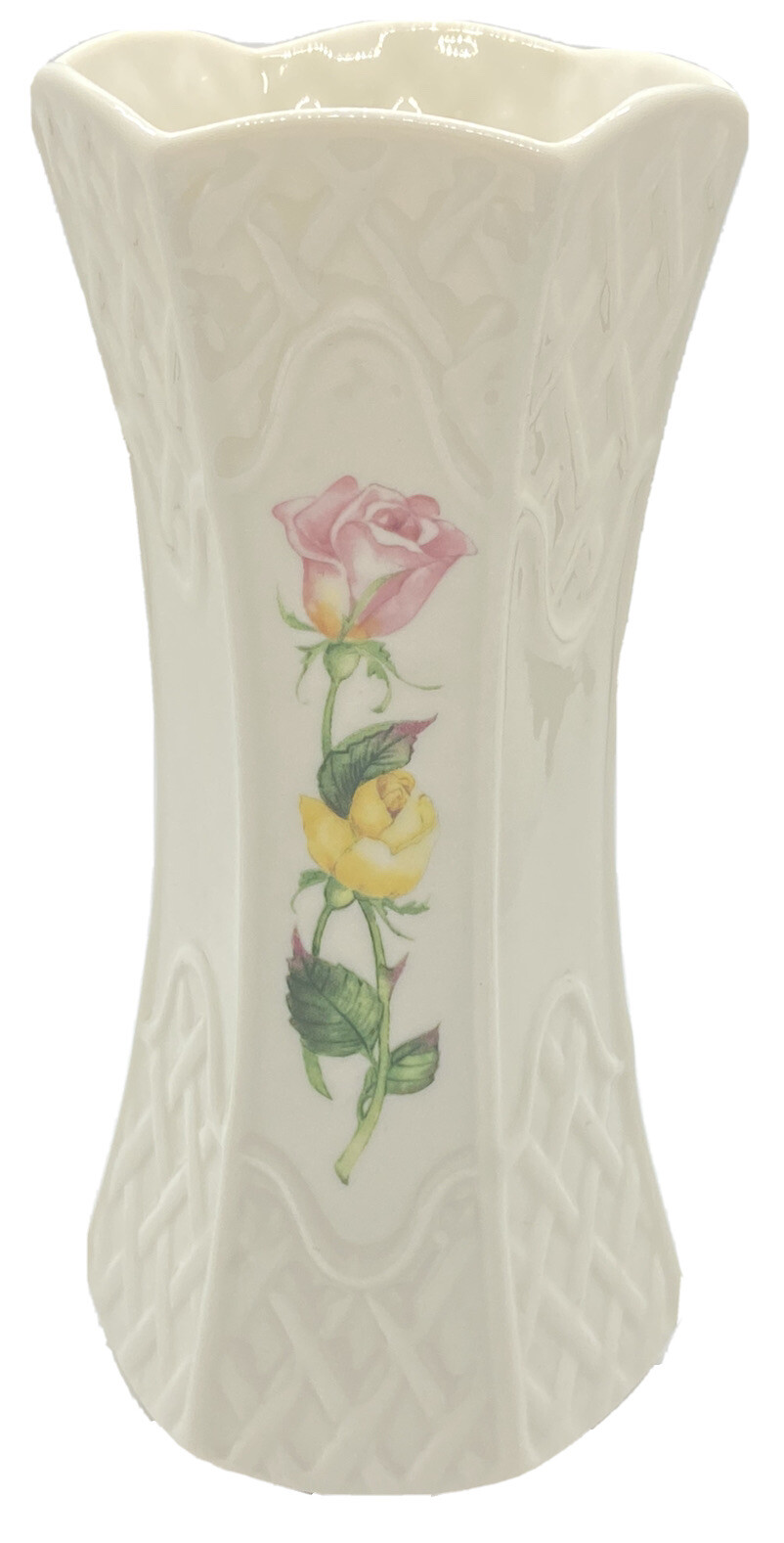 BELLEEK MILLENNIUM 2000 Cottage Rose 7” VASE PINK YELLOW ROSES | eBay