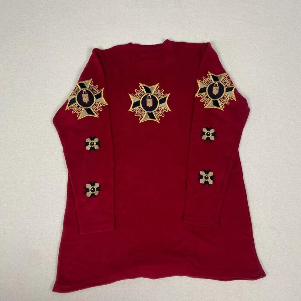 Vintage 80s Embroidered Ornate Heraldic Starburst Crest Tunic Red Knit ...