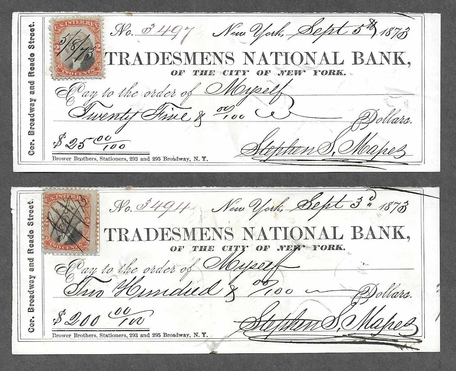 2 Tradesmans National Bank Checks NY City 1873 | eBay