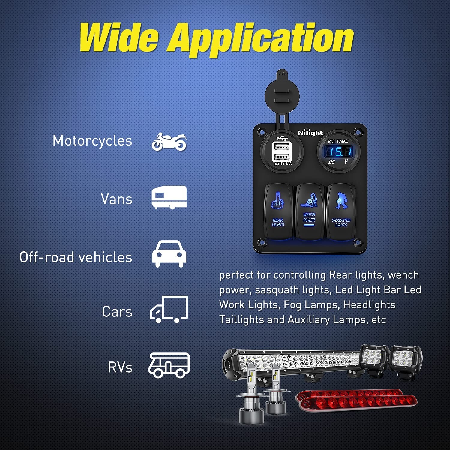Nilight 3 Gang Rocker Switch Panel USB Charger LED Voltmeter Sasquatch ...