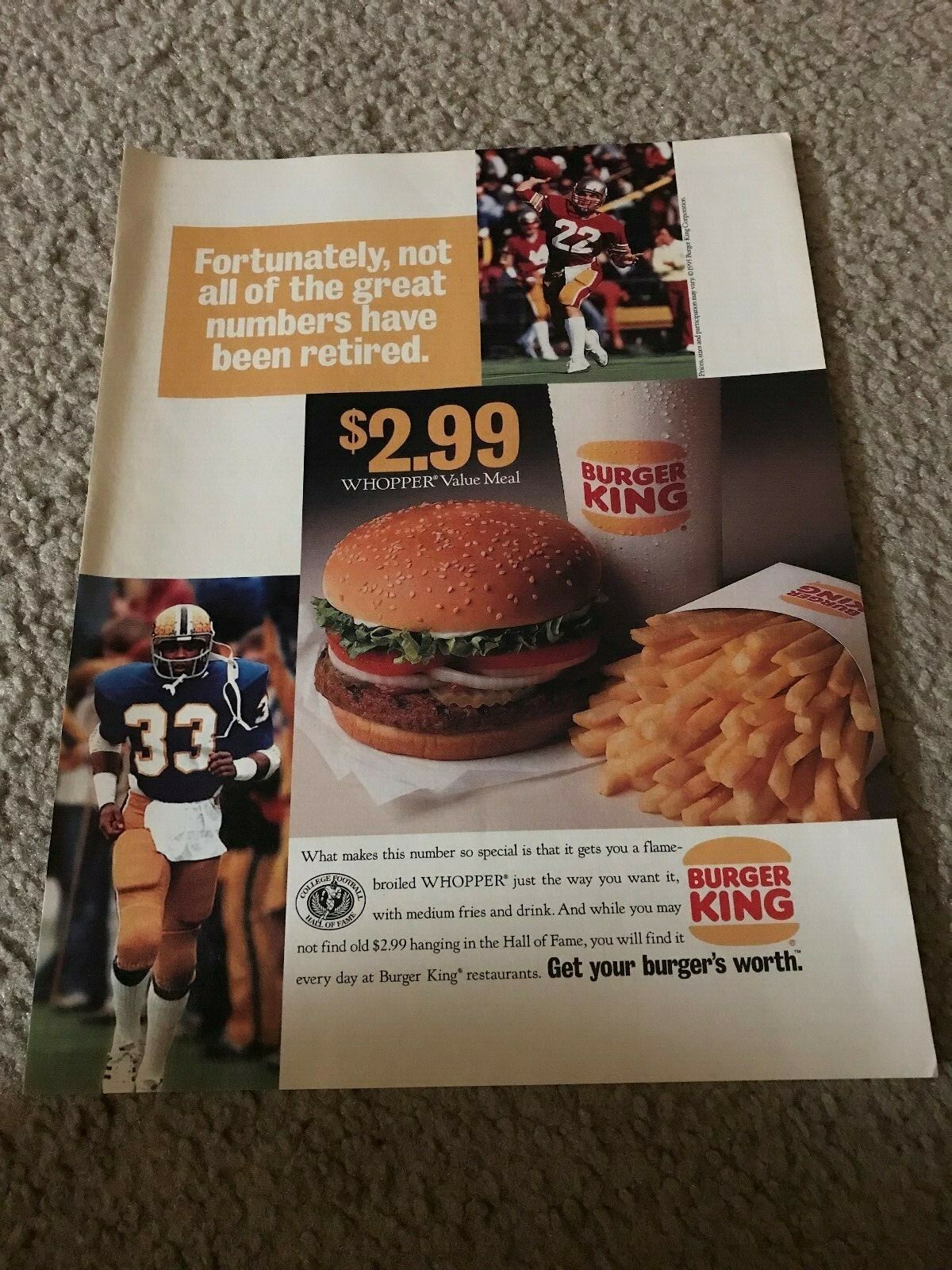 Vintage 1990s BURGER KING Poster Print Ad TONY DORSETT PITT PANTHERS ...