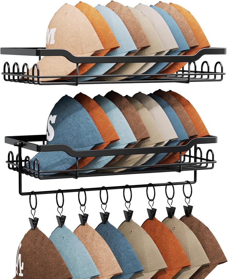 Metal Hat Rack Wall - Wall Mounted Hat Holder with Hooks and Clip ...