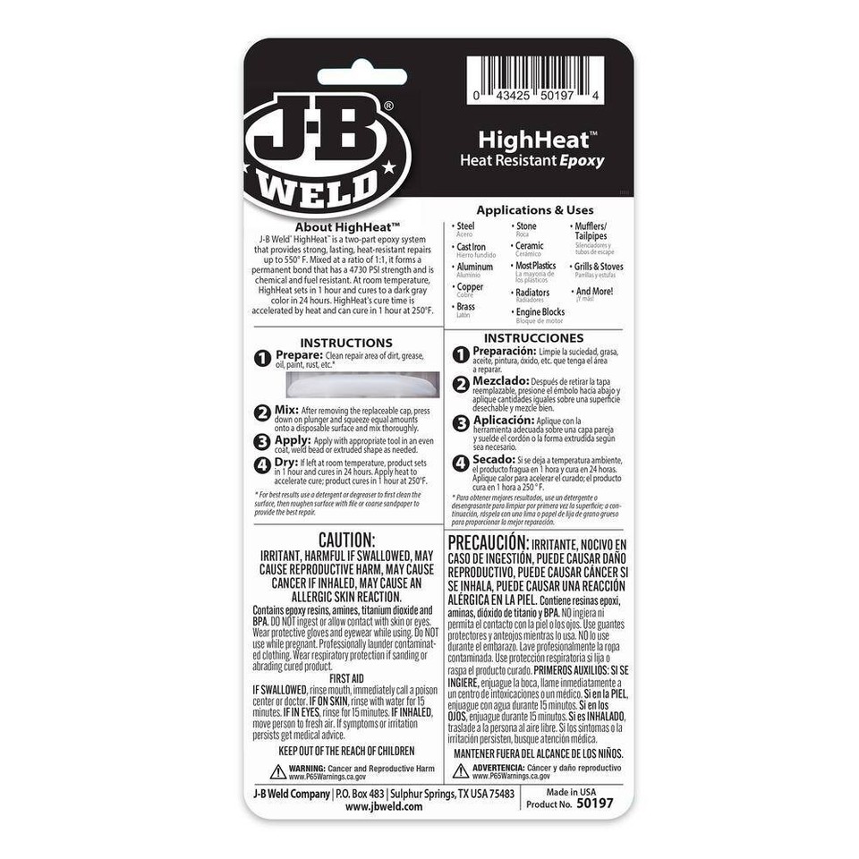 J-B Weld Highheat Temperature & High Heat Resistant Epoxy Adhesive Glue ...
