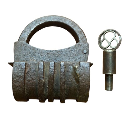 18th C Iron padlock or lock with SCREW TYPE key heavy and strong ...